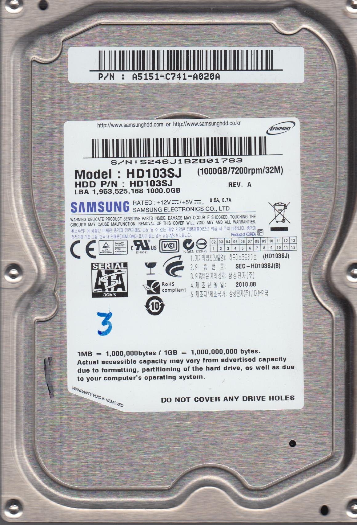 HD103SJ, HD103SJ, REV A, Samsung 1TB SATA 3.5 Hard Drive