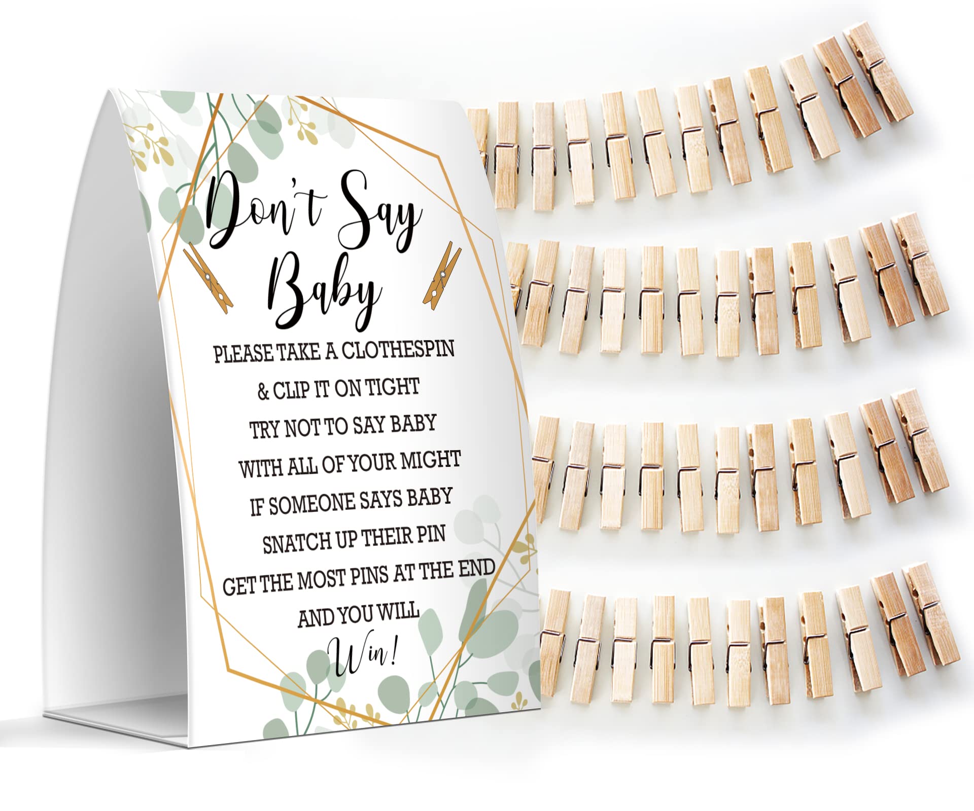 Don't Say Baby Set - One 5x7 Sign and 50 Mini Clothespins, Baby Shower Games, Baby Shower Decoration, Gender Neutral Baby Shower - MsJb010