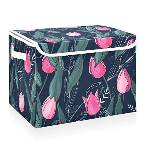CaTaKu Pinkl Tulips Floral Storage Bins with Lids and Handles, Fabric Large Storage Container Cube Basket with Lid Decorative Storage Boxes for Organizing Clothes
