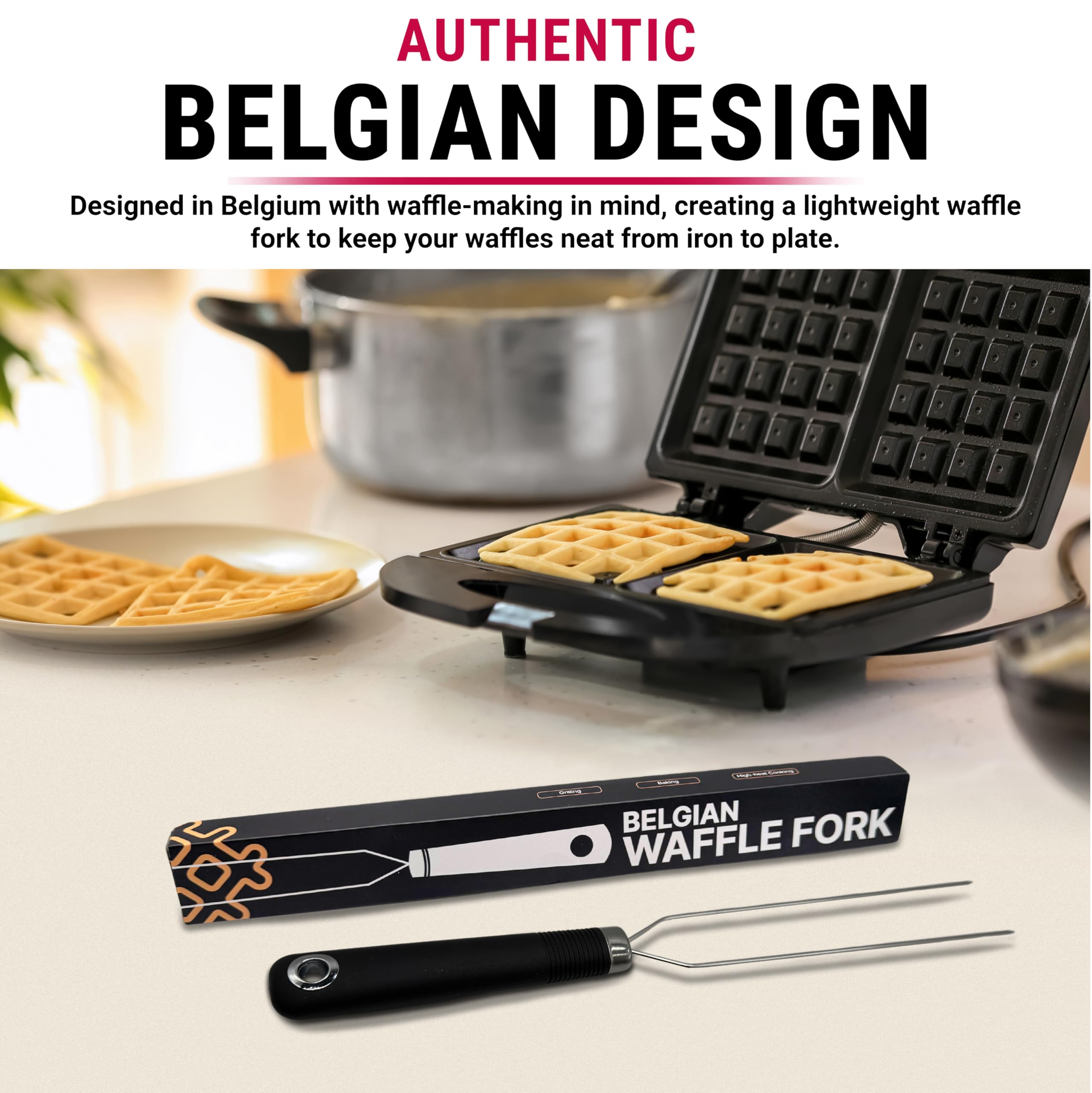 Captain Jax Waffle Fork for Belgian Waffles, Mulit-Use Stainless Steel Kitchen Tool with Silicone Handle, Beveled Prongs, Belgian Baking Accessory - One Size Black