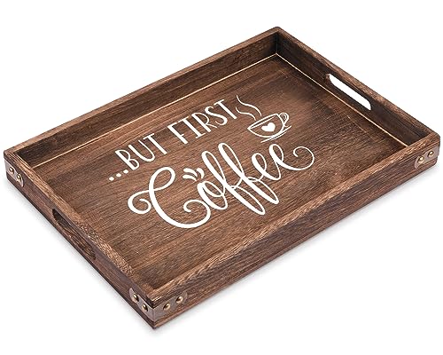 But First Coffee - Rectangle Wooden Coffee Serving Tray with Handles, Funny Rustic Farmhouse Foods Tray Coffee Table Tray Home Kitchen Decorative for Coffee Lovers Gifts