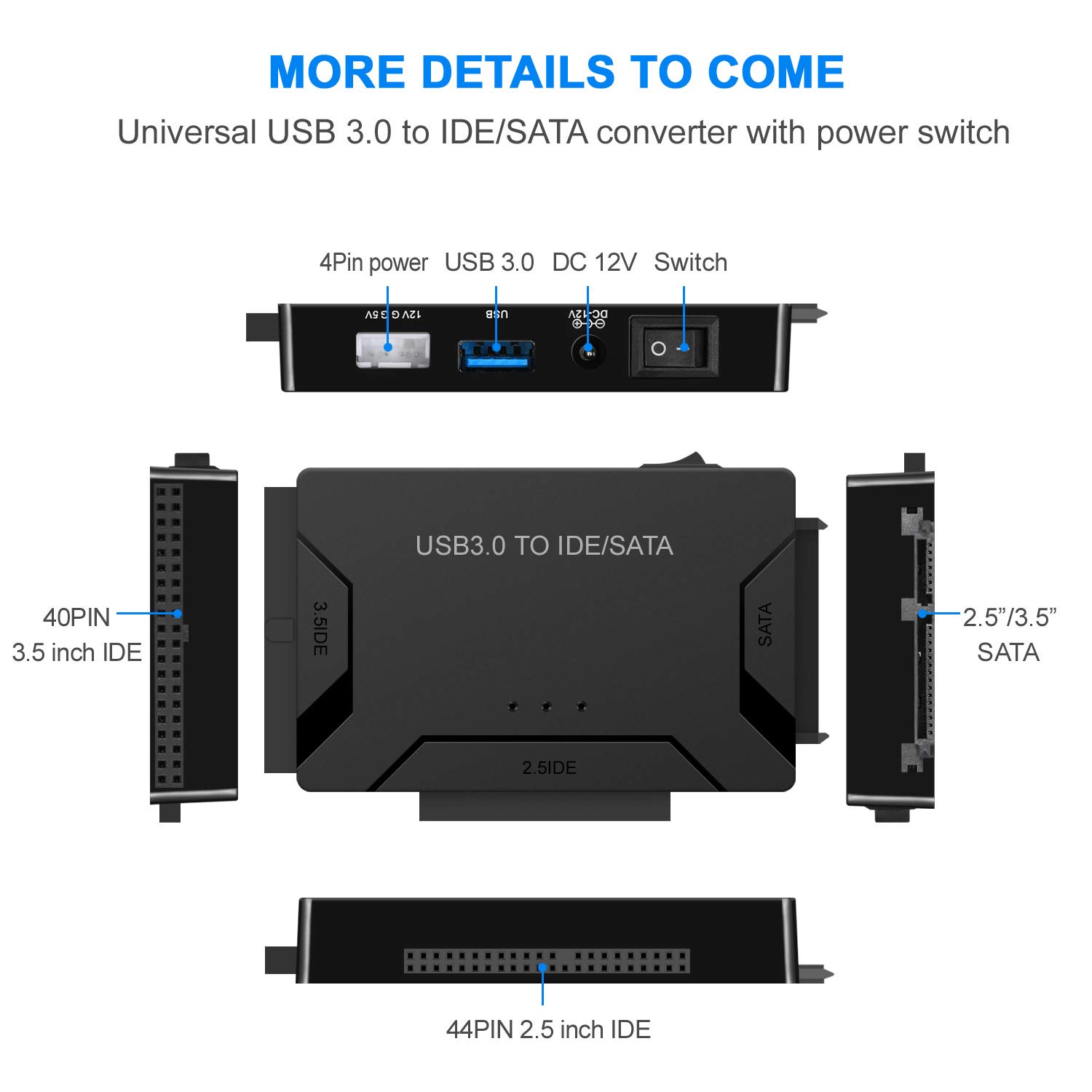 EYOOLD USB 3.0 to SATA IDE Adapter, Hard Drive Reader External Ultra Recovery Converter Compatible with 2.5" 3.5" HDD, SSD,5.25-inch DVD/CD-ROM Optical Drive Data Transfer with Power Supply