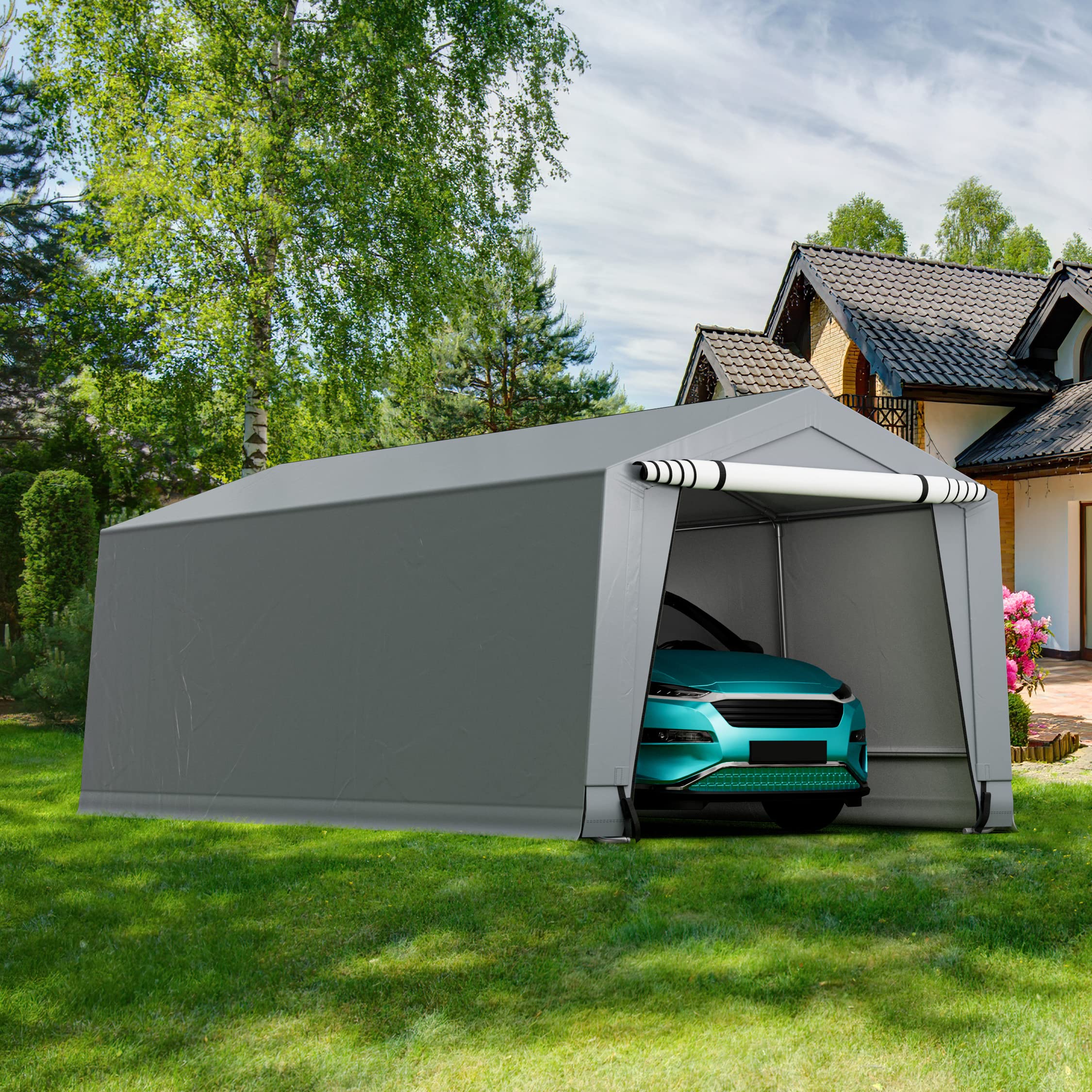 Tangkula 10x20Ft Heavy-Duty Carport, Outdoor Portable Garage with Reinforced Triangular Beams, Galvanized Steel Frame, All-Season Metal Car Canopy with 2 Removable Doors for Car, Truck, SUV, Boat