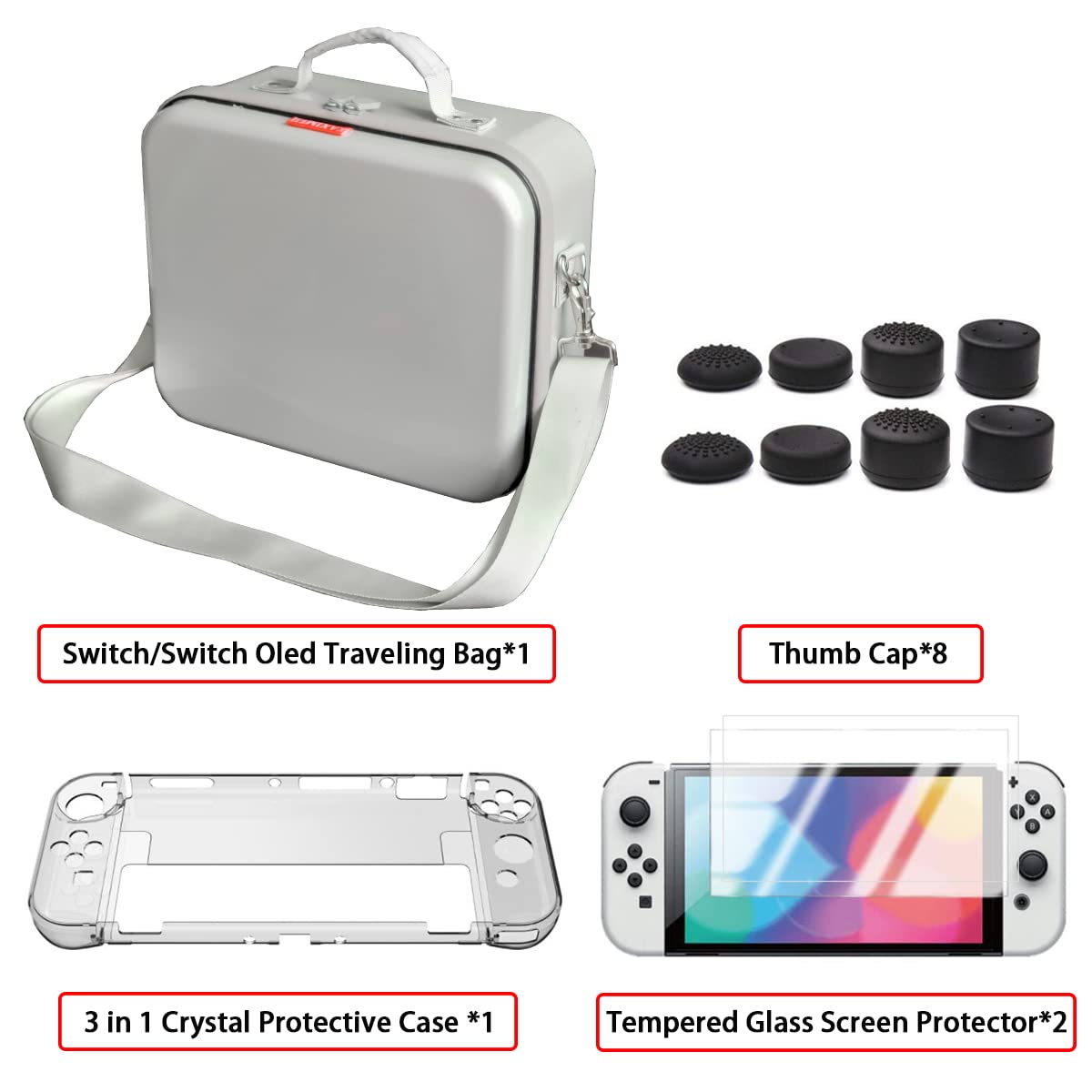 KAXIMEII Carrying Case for Nintendo Switch Oled,8 in 1 Switch Oled Accessories Bundle with Thumb Cap, Crystal Protective Case for Console & J-Con,Screen Protector,Hard Material Storage Bag,-Silver