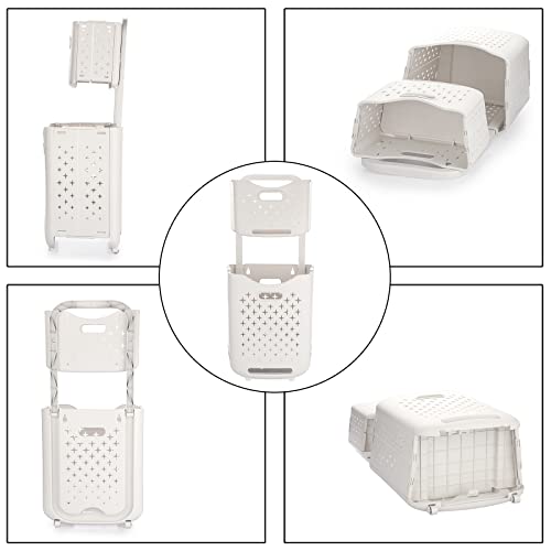 BTSKY Plastic Collapsible Laundry Baskets Wall Hanging Dirty Clothes Hamper with Hidden Pull-rod Multifunctional Plastic Laundry Baskets for Laundry Room Organization Bathroom Hotel and Camping, White