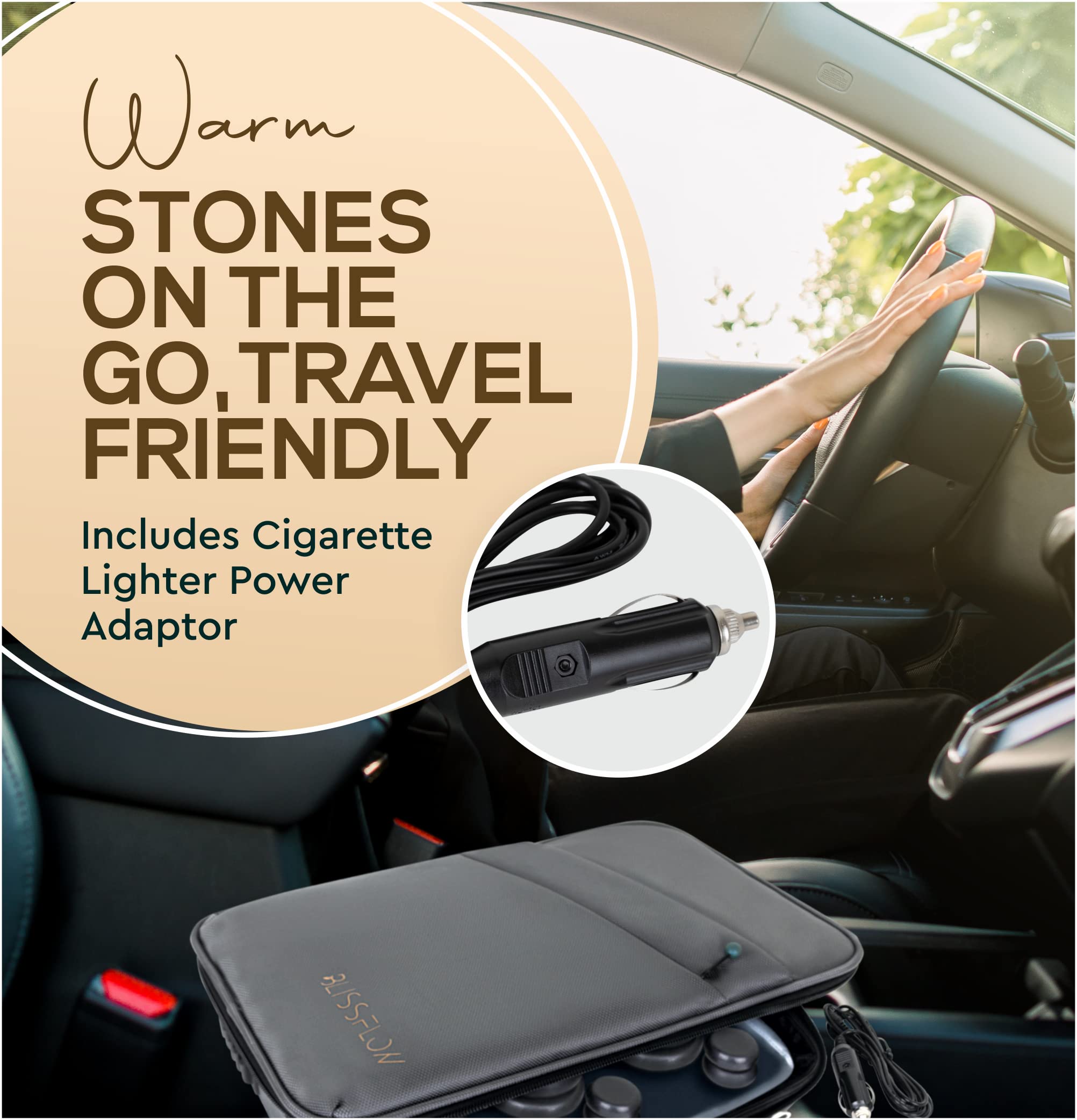 BlissFlow Massage Stone Warmer Set - Portable Heater Travel Carrying Bag - 12 Basalt Massage Heating Stones - Electric & Digital Control Stone Warmer