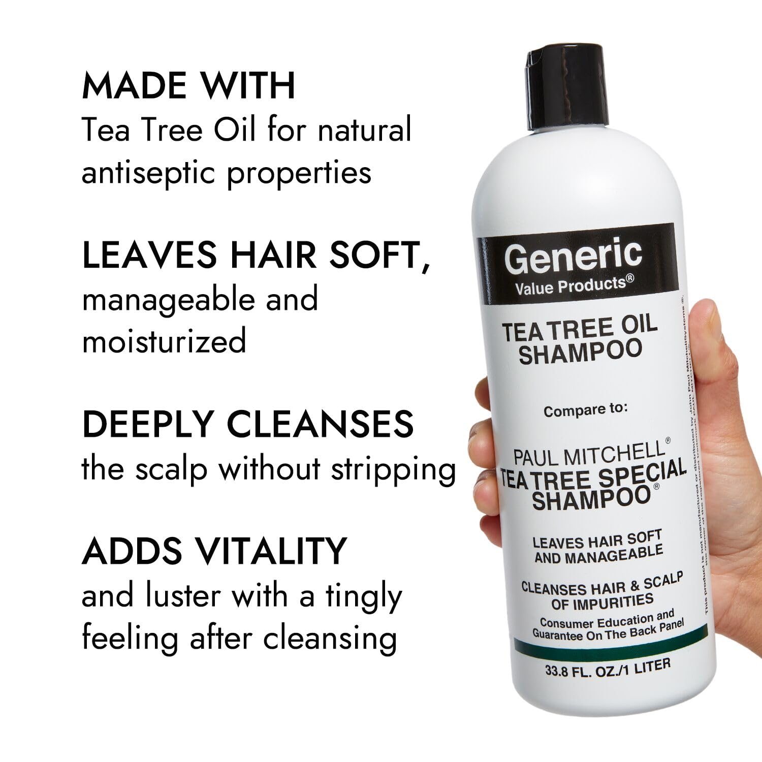 Generic Value Products Tea Tree Oil Shampoo, Leaves Hair Soft and Manageable, Leaves Scalp Clean and Tingling, Adds Vitality and Luster, 33.8oz