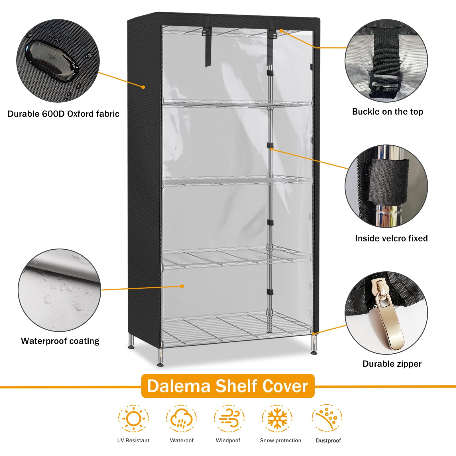 Dalema Storage Shelves Covers,Heavy Duty 600D Waterproof Dustproof Standing Shelf Units Cover with Zipper,Outdoor Wire Shelving Cover for Metal Rolling Shelf Rack