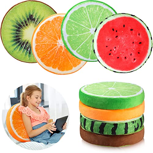 Coume 4 Pcs 15.7 Inch Round Fruit Pillows Stuffed Throw Pillows 3D Watermelon Kiwi Lemon Orange Decorative Floor Cushions Chair Toy Seat Floor Seat Cushions for Kids Couch Sofa Classroom