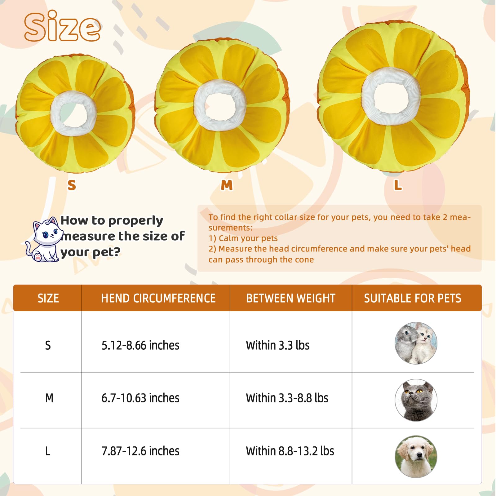 KUDES Cat Small Dog Cone Collar,{Fruit Series}Cute Orange Waterproof Elizabethan e Collar Anti-Bite Lick Wound Healing Protective Neck Cone After Surgery Recovery Collar for Small Pet,All-Season Style
