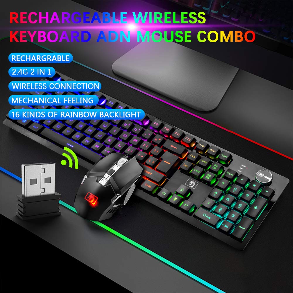 FELICON Wireless Gaming Keyboard and Mouse Set, RGB Backlit Rechargeable 4800mAh Battery, Mechanical Feel Anti-ghosting Keyboard, Control Knob for Multi-Media, Mute Gaming Mouse for Windows PC Gamer