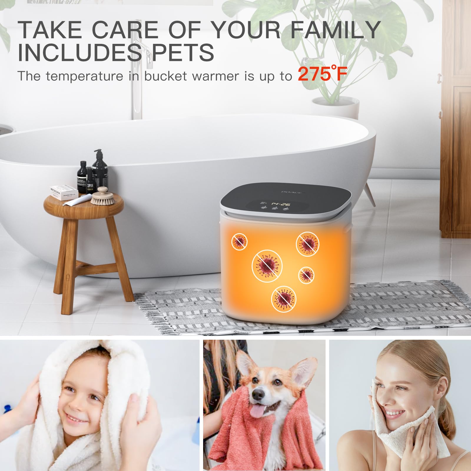 DOACE Towel Warmer Bucket, Small Hot Towel Warmer with LED Display, Heat Timer 20/40/ 60 Min, Up to 24 Hour Delay Timer, Fits Up to Two Oversized Towels,Gray A16