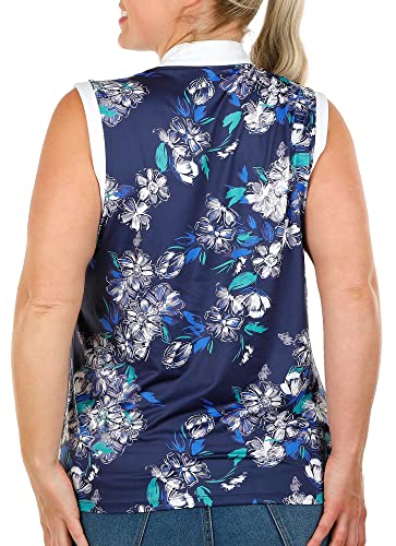 Coral Bay Golf Plus Tropical Floral Sleeveless Polo Top 1X Deep Navy Multi