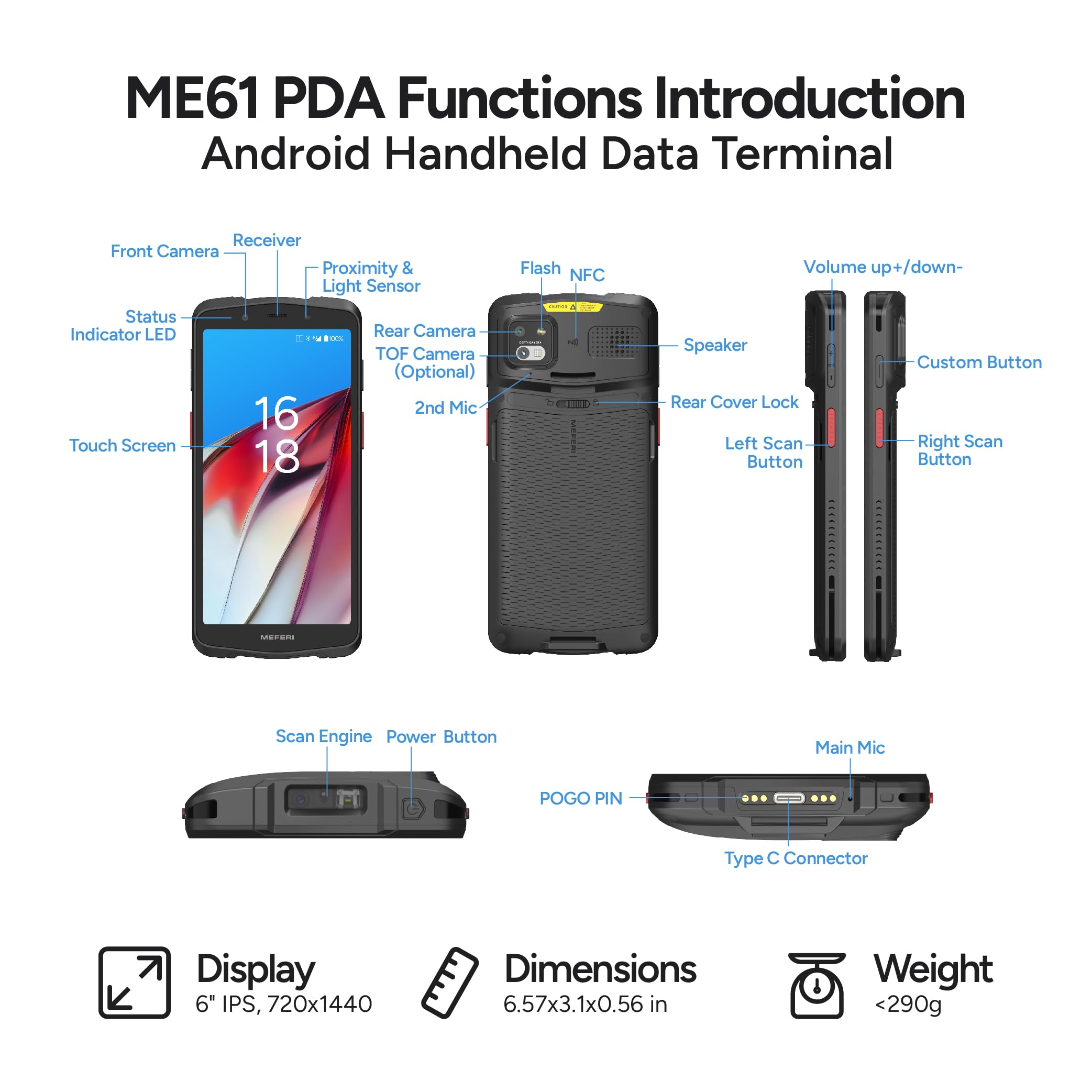 MEFERI ME61 Android Barcode Scanner with Charging Cradle, Compatible with Honeywell HS7 Scan Engine, PDA Handheld Mobile Computer, 1D 2D QR, Wi-Fi 4G BT GPS NFC, 6" Full-Screen, PDA for WMS