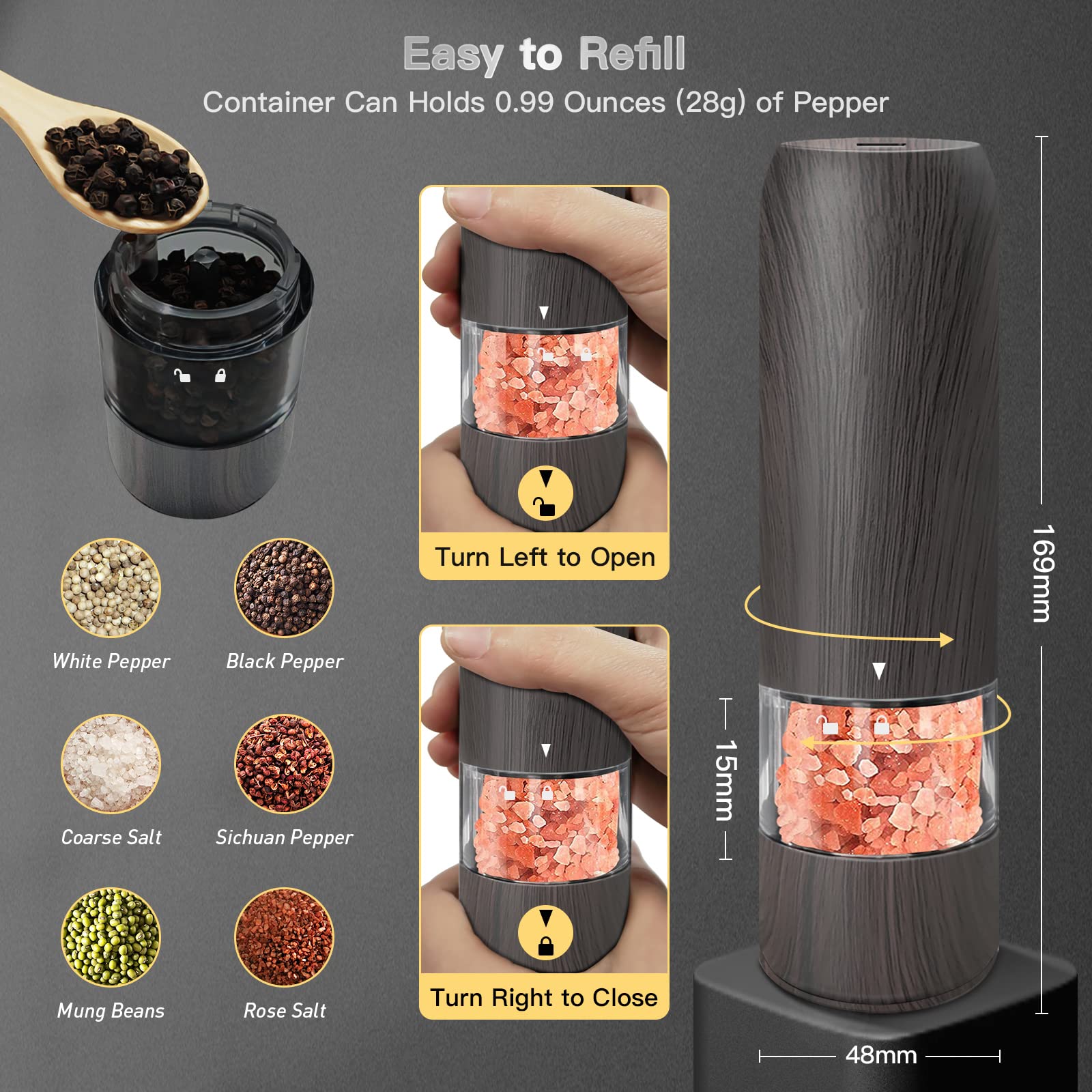 Electric Salt and Pepper Grinder Set - Rechargeable USB Cable, LED Lights, Automatic Pepper and Salt Mill Grinder Set Refillable, Adjustable Coarseness, One Hand Operation (Black Brown 2 Pack)