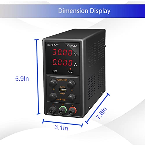 DC Power Supply Variable 30V 5A, Hyelec Switching Power Supply with 5V 2A USB Output, Adjustable Regulated Power Supply with 4-Digits LED Power Display, Alligator Leads Including,110V Input Voltage