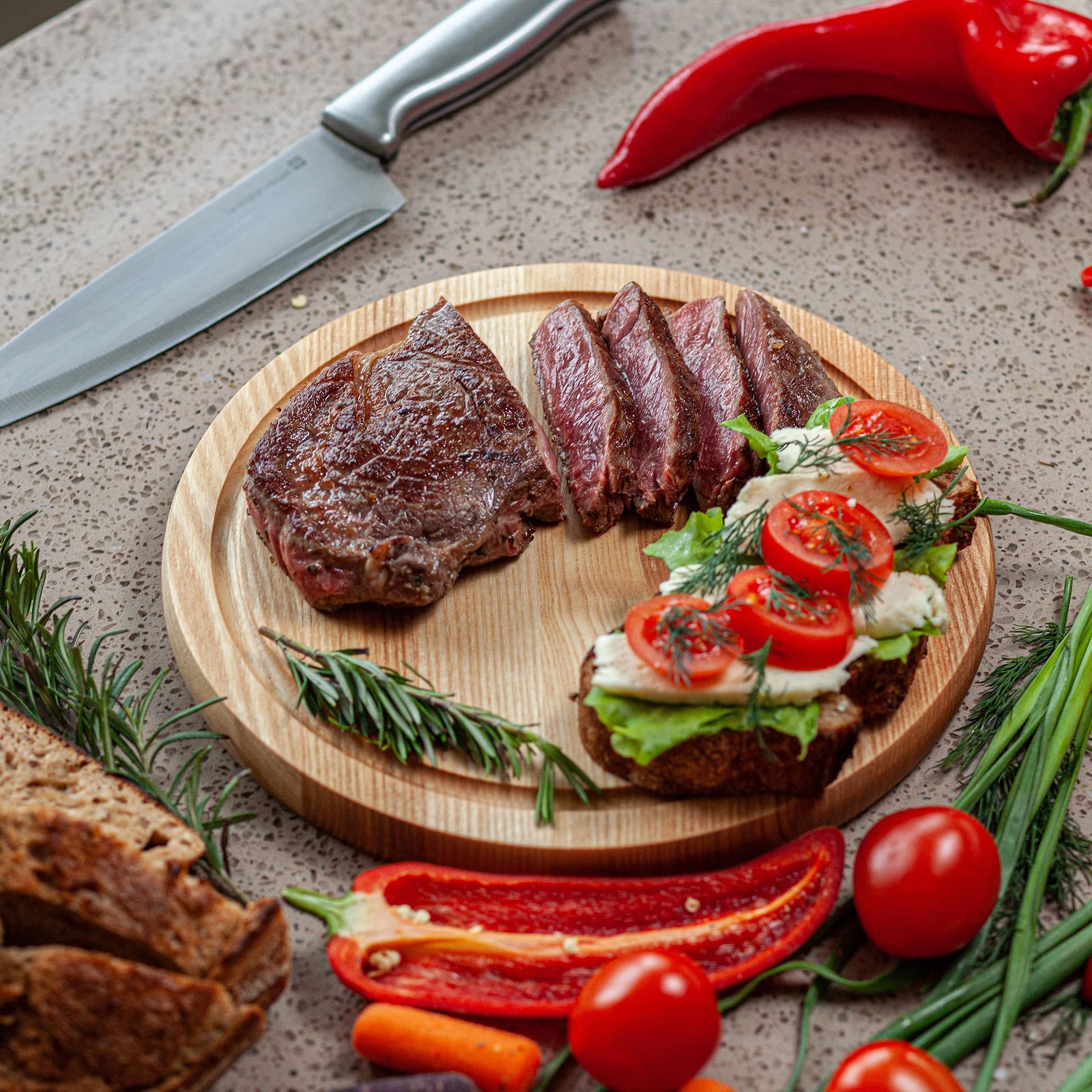BIOL 10ββ Wooden Hardwood Circle Cutting Board Oak with Juice Groove for Kitchen - BBQ Chinese Turkey Lipped Charcuterie Round Chopping Board for Kitchen with Lip
