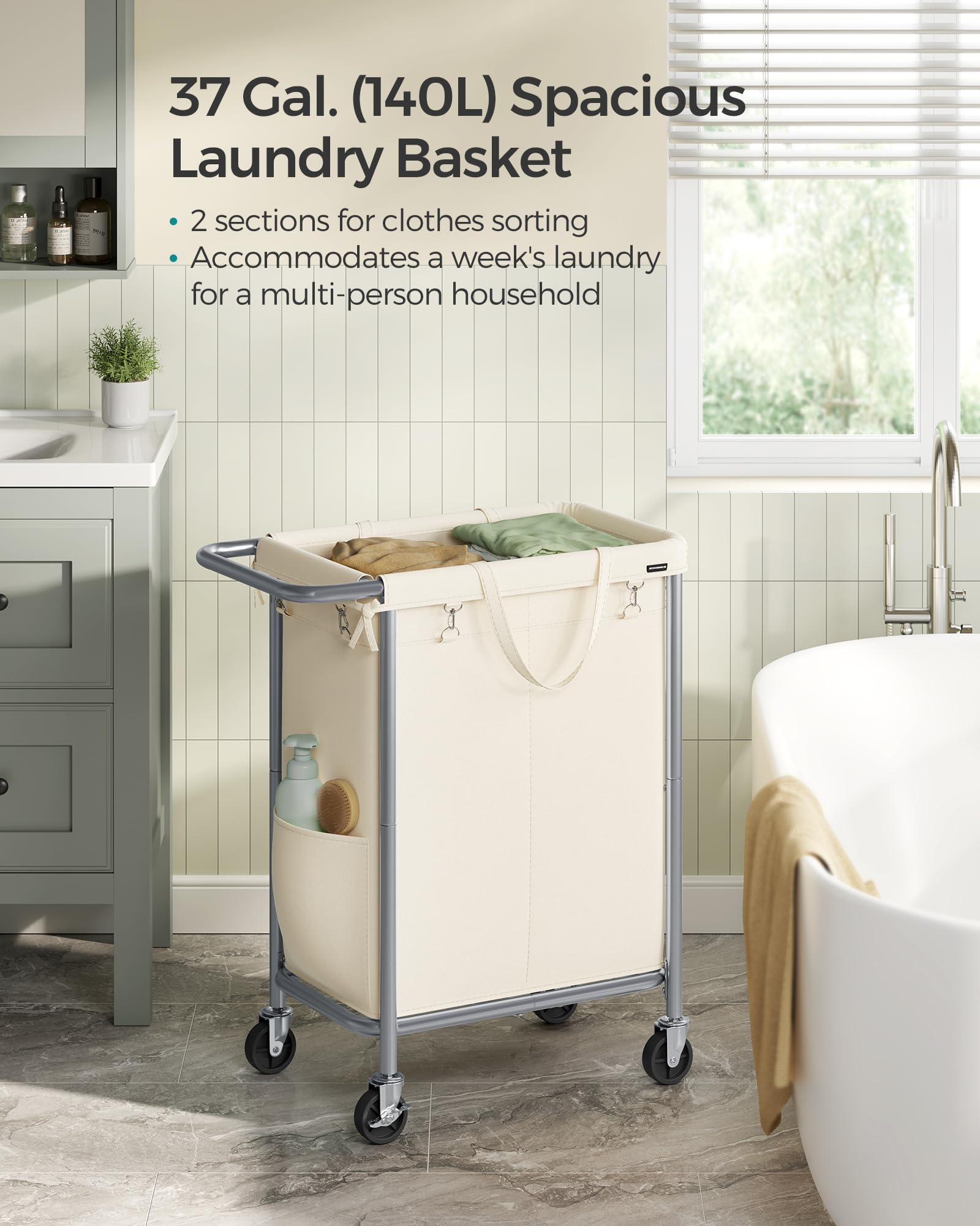 SONGMICS Laundry Basket with Wheels, 2-Section Rolling Laundry Hamper, 37 Gallons (140L), Removable Liner, Steel Frame with Handle, Blanket Storage, 27.2 x 15.4 x 31.9 Inches, Cream White URLS004W01