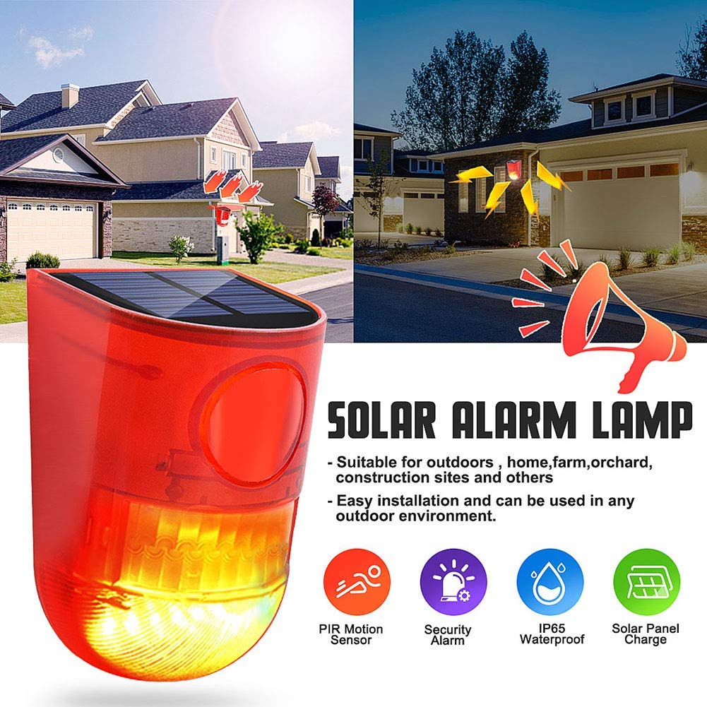 keeda Solar Motion Sensor Alarm 2 Pack Waterproof PIR LED Security Light Warning 110dB Sound Security Alerts Strobe Light for Garden Home Villa Security Outdoor Door Sensor