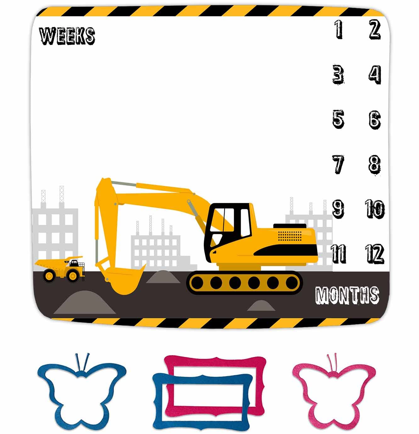 Construction Baby Monthly Milestone Blanket for Boys and Girls, Excavator Truck Month and Age Blanket, 48x40in Soft Flannel, White Monthly Newborn Gift Baby Photo Blanket