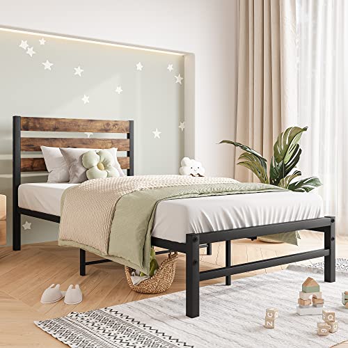 Crocofair Twin Bed Frames with Vintage Wood Headboard Metal Bed Frame Twin Size Steel Slats Mattress Foundation,Heavy Duty Metal Platform,No Box Spring Needed,Easy Assembly,Noise-Free,Black and Brown