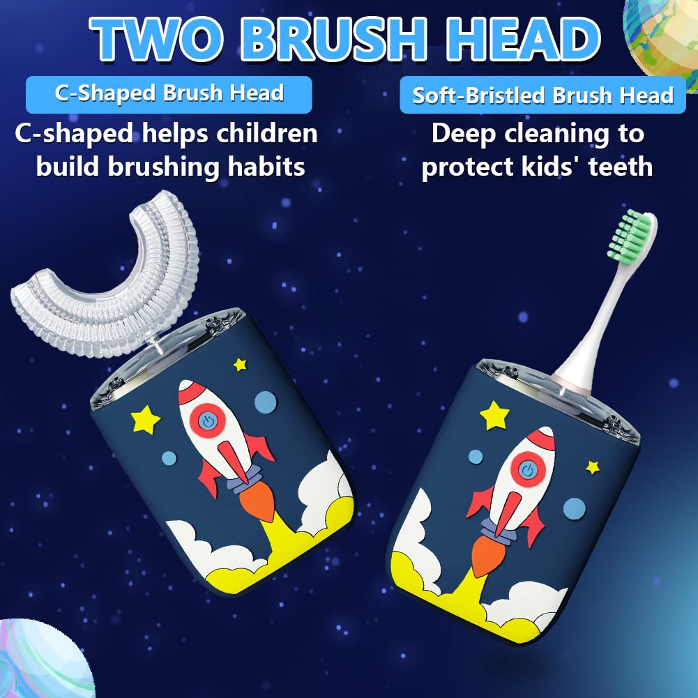 Electric Toothbrush for Kids U Shaped Ultrasonic Automatic Brush Rocket Children Sonic Toothbrushes with Smart Timer 6 Modes Replace Brush Head IPX7 Waterproof 360° Oral Cleaning (Age 2-6)