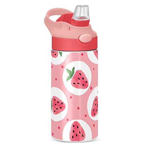 Children Insulated Water Bottles with Straw for School Kids Strawberry Pink Cute Stainless Steel Vacuum Double Wall Keeps Hot and Cold with Handles
