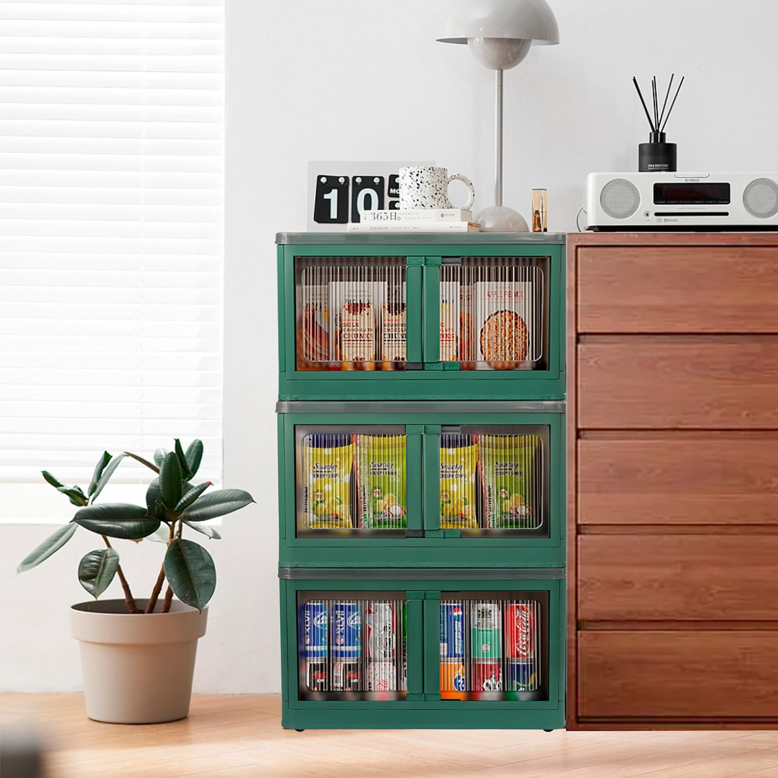 NOCCUR 3 Pack American Style Collapsible Storage Boxes, 14.5Gal Green Plastic Storage Bins with Lids and Doors, for Bedroom, Living Room