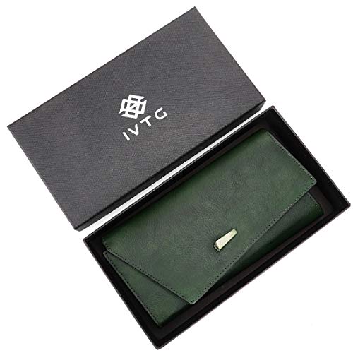 Genuine Leather Wallet RFID Blocking Women Long Purse Vintage Cowhide Handmade Card Holder Organizer (Green)