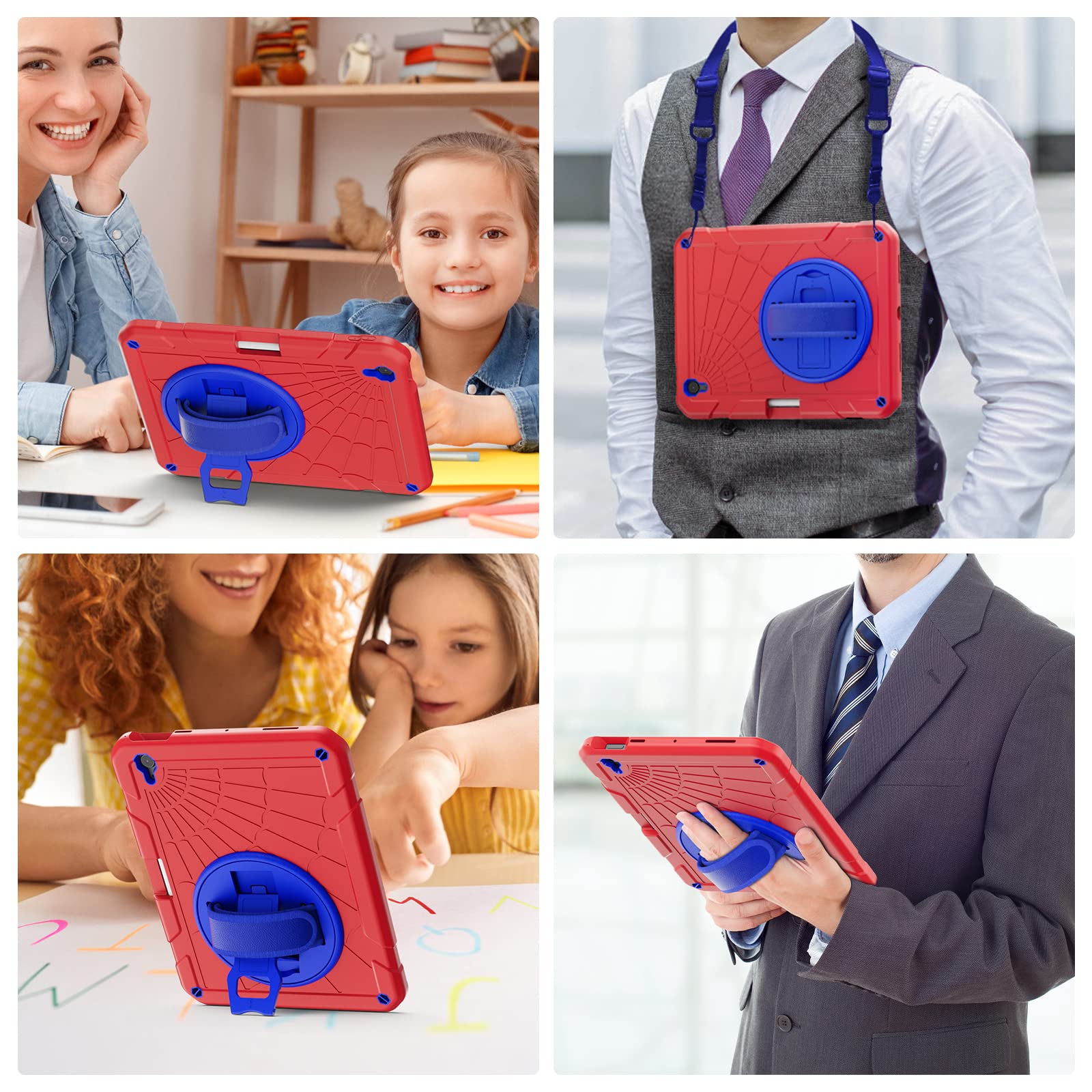 BLOSOMEET Case for iPad Air 5th/4th Generation 2022/2020 10.9" with Tempered Glass Screen Protector Pencil Holder, Protective Kids Case for iPad Air 5/Air 4 with Hand Shoulder Strap Stand,Red Blue