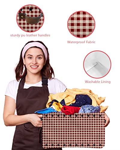 Country Star Storage Basket Waterproof Cube Storage Bin Organizer with Handles, Farmhouse Red Buffalo Plaid Rustic Collapsible Storage Cubes Bins for Clothes Books Toys 15"x11"x9.5"