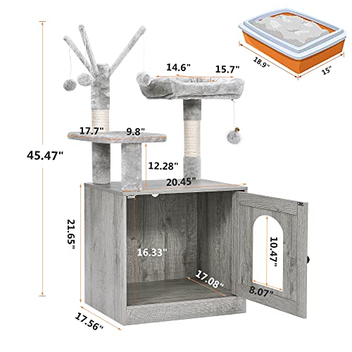 BEWISHOME Cat Litter Box Enclosure All-in-one Cat Tree with Litter Box Furniture Hidden Cat Tower with Plush Perch Scratching Posts Modern MMJ82Q