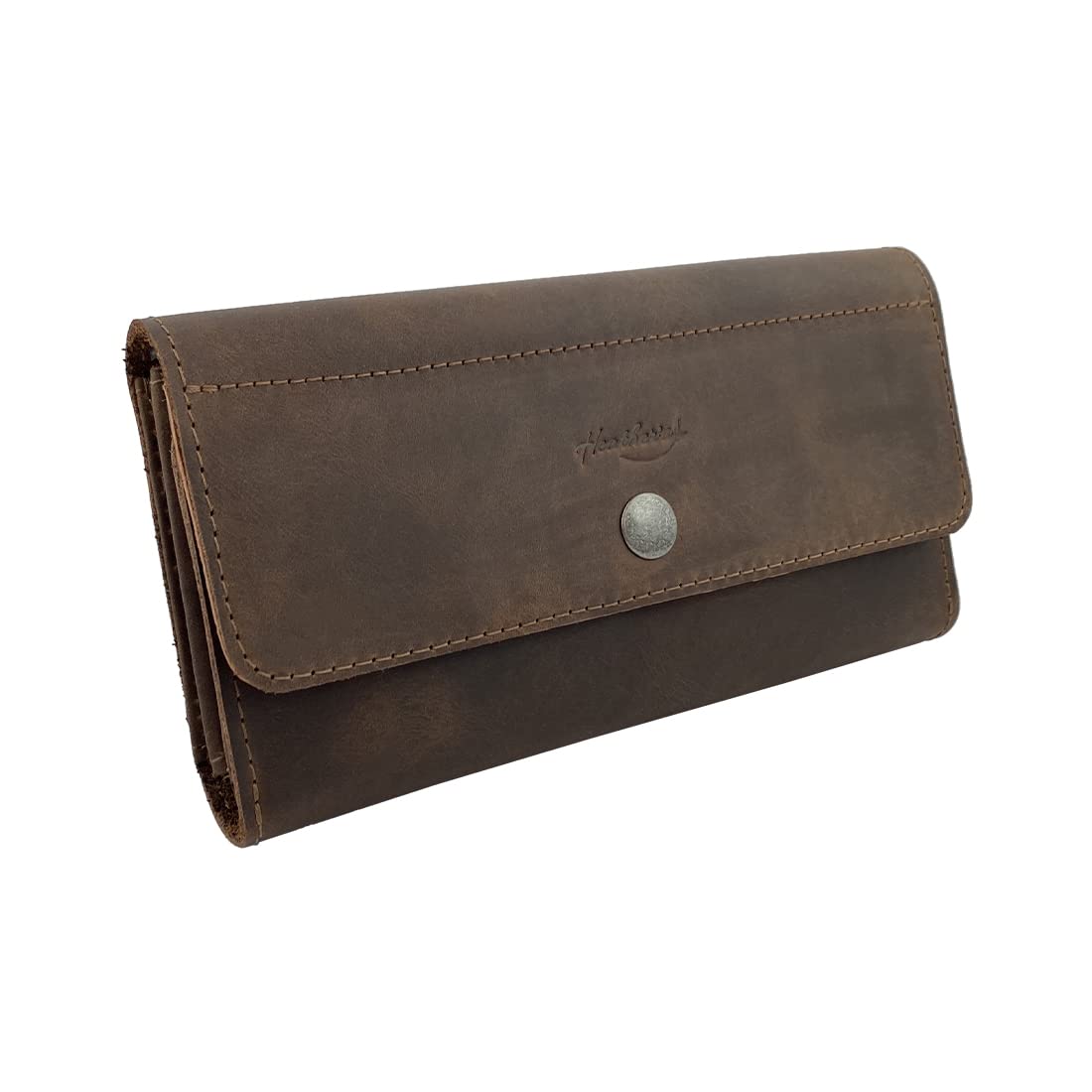 Heather's, Minimalist Tri Fold Folio Wallet for Women, Card Saver, Stylish Organizer with Button Closure and Zipper Coin Pocket, Full Grain Leather, Handmade, Bourbon Brown