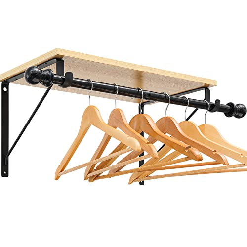 Closet Rod Brackets Heavy Duty with 46” Rod, Closet Shelf Brackets with Rod Holder, Closet Brackets for Both Shelf Storage and Closet Rod, Black Closet Shelf Support Pole Holder, 3 Pack