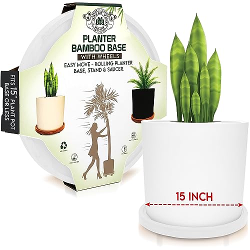 BYB Plant Caddy Stand Saucer with Hidden Wheels. Fits 15 inch or Less Round Planter. Bamboo, Elegant, Modern, Low Profile. Heavy Duty 275 lbs+ Capacity. More Colors/Shapes/Sizes. (Color: White)