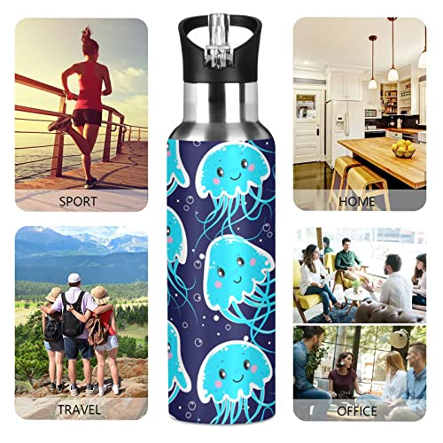 Cute Jellyfish Leak Free Insulated Bottles with Handle 32 oz Vaccuum Bottle with Straw Lid Thermal Bottle for Hot & Cold Drinks BAP-Free