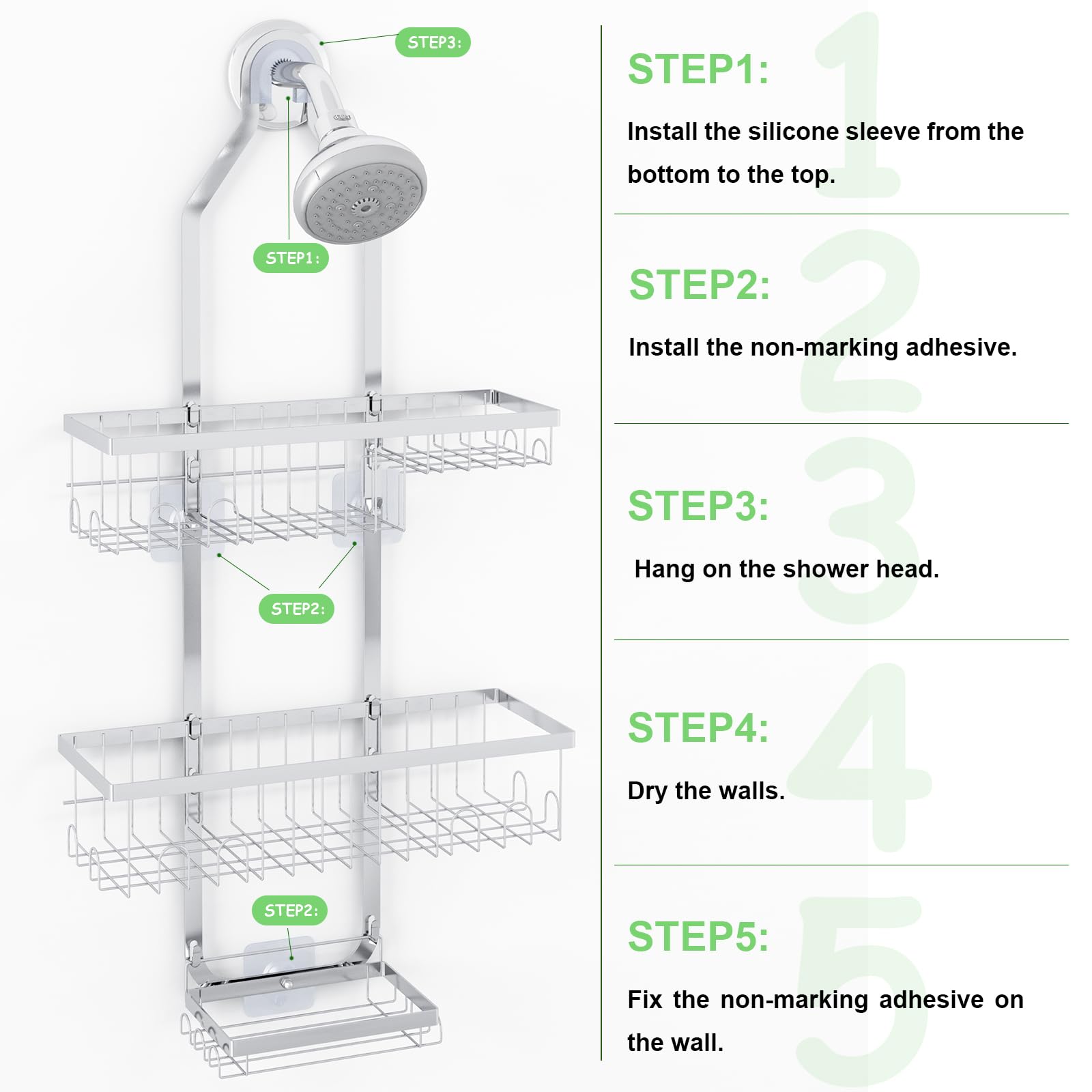 Fixwal Shower Caddy Over Shower Head, No Drilling Bathroom Hanging Shelf Storage Organizer Rack Basket with Hooks, Soap Holders and Adhesives, Rustproof Waterproof Anti-Swing, Bronze
