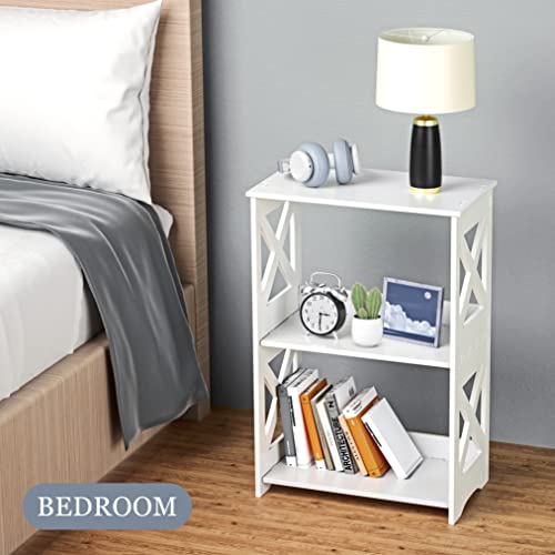 BYFU 3-Tier Side Table Set of 2, Narrow End Table with Storage Shelf, White Nightstand Bedside Table Small Bookshelf Bookcase Display Rack for Bedroom Bathroom Living Room Office