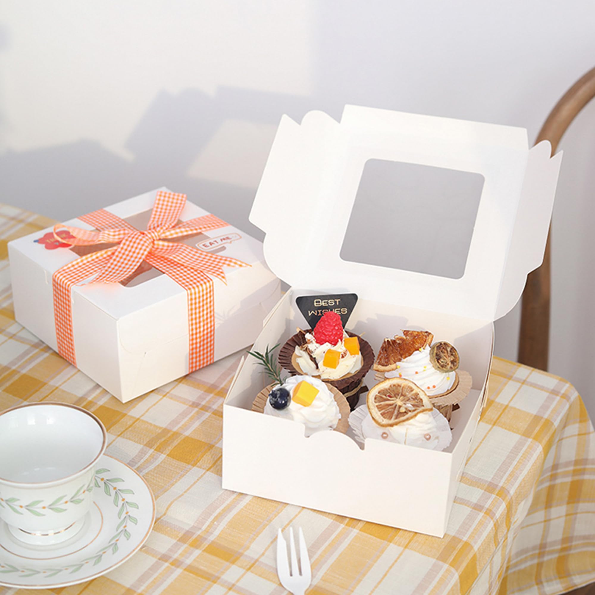 MUMULULU 8 PCS White Paper Cupcake Boxes with 4 Cavity Cookie Gift Boxes with Clear Window 4 Treat Holder Cupcake Containers Bakery Cake Box for Birthday Party Bakery Supplies
