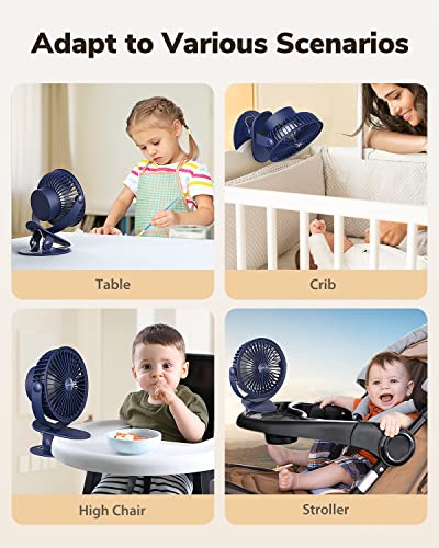 CAFELE Stroller Clip on Fan, 【Ultra Quiet】 Rechargeable Battery Operated Personal Fan Strong Airflow, 4 Speeds Max 24Hrs 6-inch Small Portable Fan for Bed Desk Car Seat White Blue