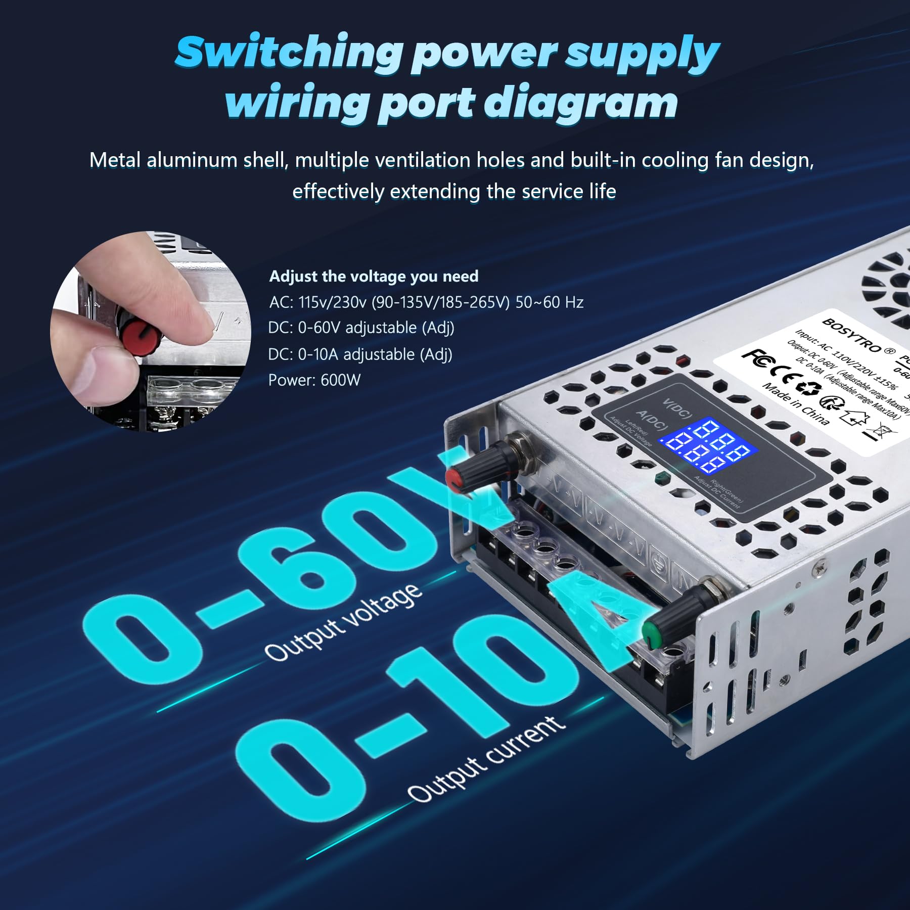 BOSYTRO 48V Adjustable dc Power Supply 600W,Switching Power Supply AC 110V/220V to DC 0-48V DC Converter with LED Digital Display, 5V 24V 36V Buck Converter for Dimmable LEDs,3D Printer,Computer Lab