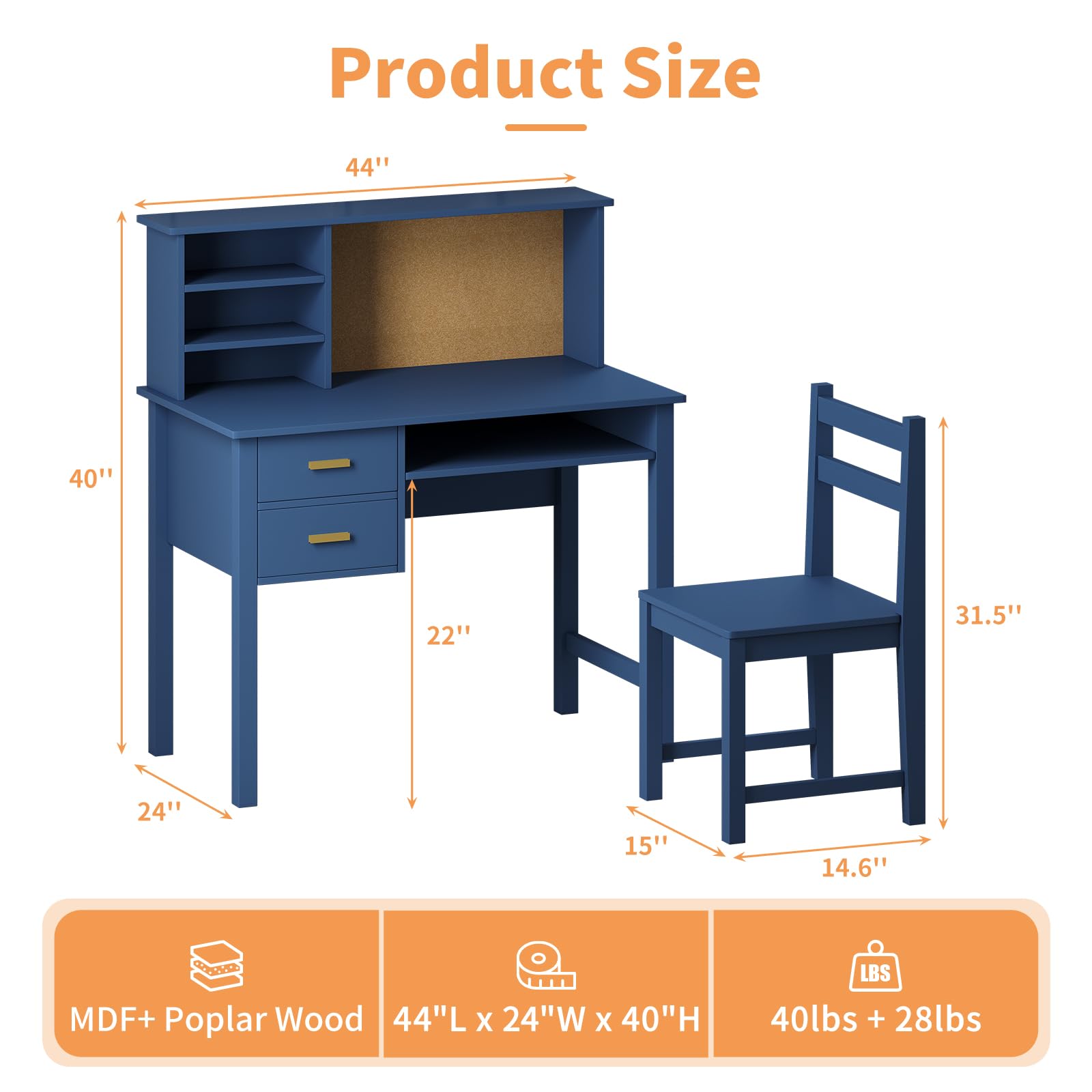 wanan Kids Desk and Chair Set, Wooden Children Study Table with Hutch/Drawer & Bulletin Board, Student Study Desks Computer Desk Art Desk for Bedroom Study Room (Blue)