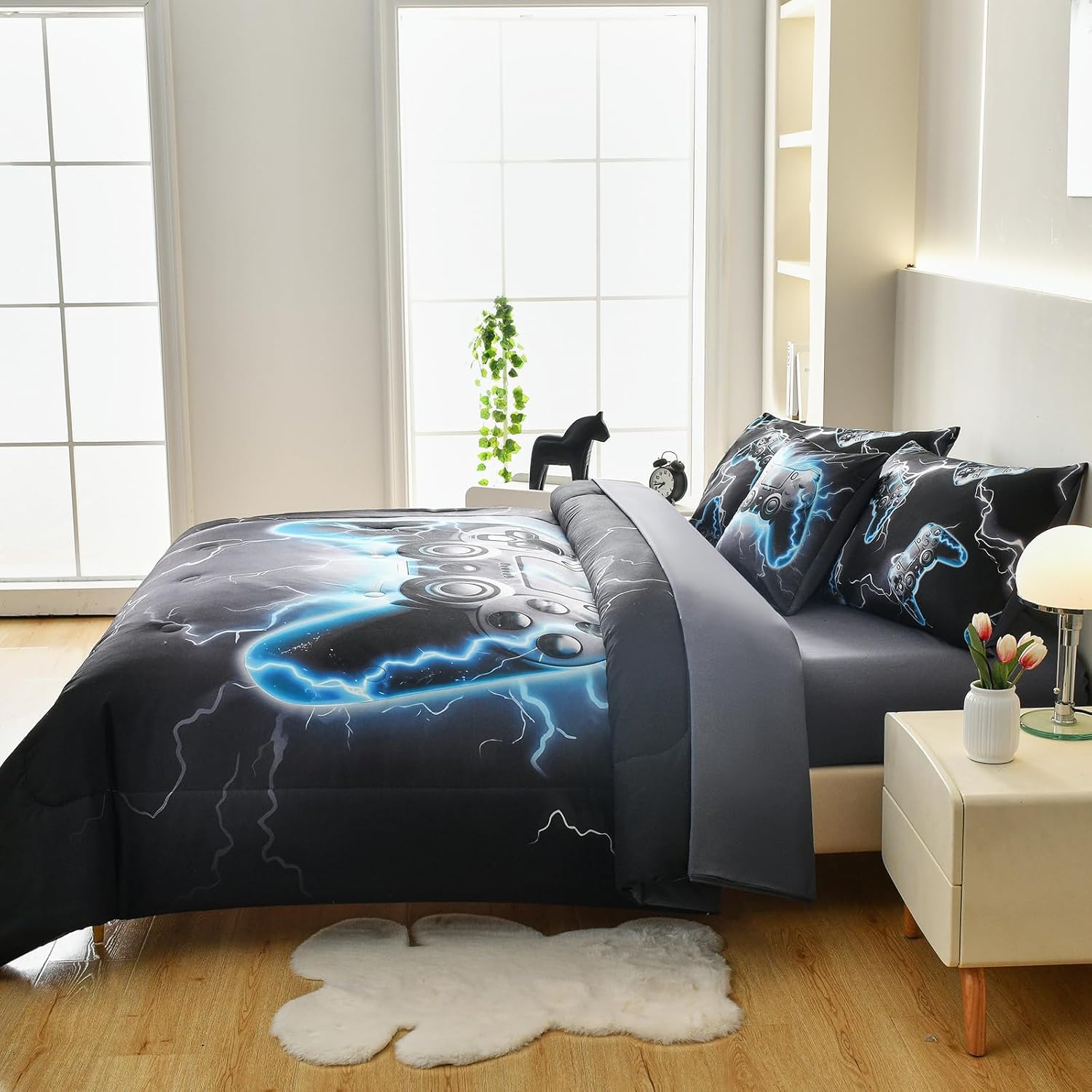 DORCAS Twin Comforter Set with Sheets for Boys,Twin Gamer Bedding Set Black 6 Pcs Game Console Boys Comforter Sets Twin for Kids Teens,Microfiber Boys Gaming Bed Set for All Season Use(Black,Twin)