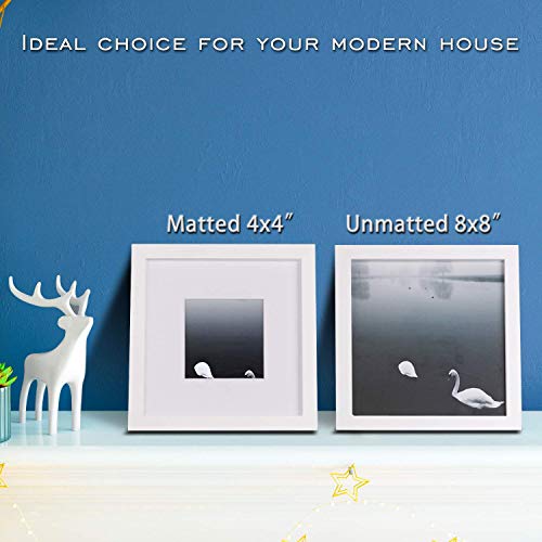 Egofine 8x8 Picture Frames 4 PCS - Made of Solid Wood Covered by Plexiglass for Table Top Display and Wall Mounting Photo Frame for Pictures 4x4/6x6 with Mat White