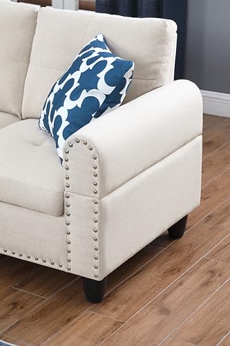 CABSETT 98" L-Shape Wide Left Hand Facing Sofa & Chaise with Storage Ottoman, Linen Upholstered Couch Set with 2 Cup Holder and 2 Pillows for Living Room, Home, Office, Beige