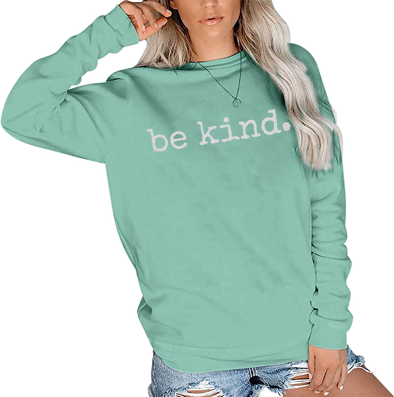 ASTANFY Be Kind Sweatshirt Womens Letter Print Pullover Long Sleeves Blessed Top Blouse Black