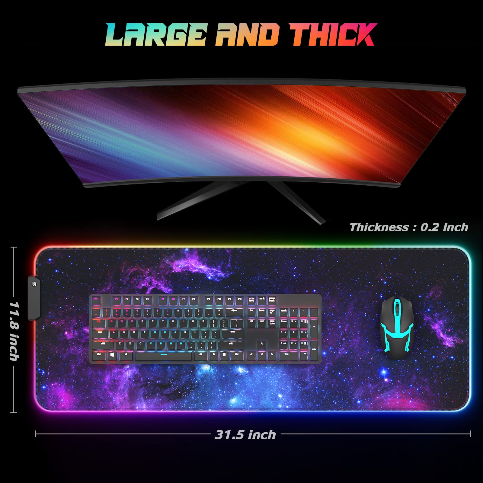 ITNRSIIET RGB Gaming Mouse Pad, Full Desk XL Extended Large Gaming Mousepad, 12 Lighting Modes 30% Thicker Big LED Desk Mat for Gamers, 32 x 12 inches, Mysterious Galaxy