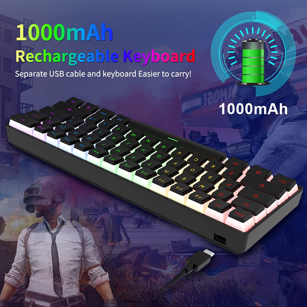 NACODEX Mini 60% Mechanical Gaming Keyboard - PBT Pudding Keycap Bluetooth 5.0 Rainbow Keyboard - 1000mAh Ultra-Compact Keyboard for Win/Mac/PC Gamer (Red Switch White)