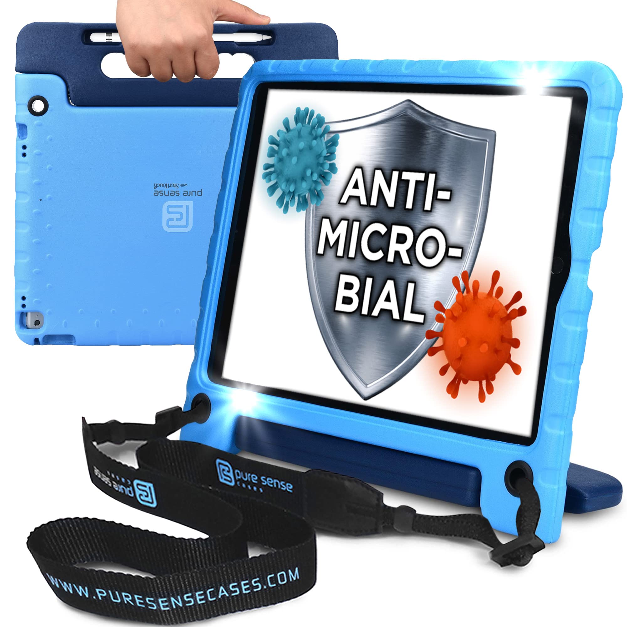 Pure Sense Buddy Antimicrobial Kids Case for iPad Pro 12.9-1st 2nd Gen 2015 2017 | Full Kit: Rugged Case Stand, Handle, Screen Protector, Strap and Spray
