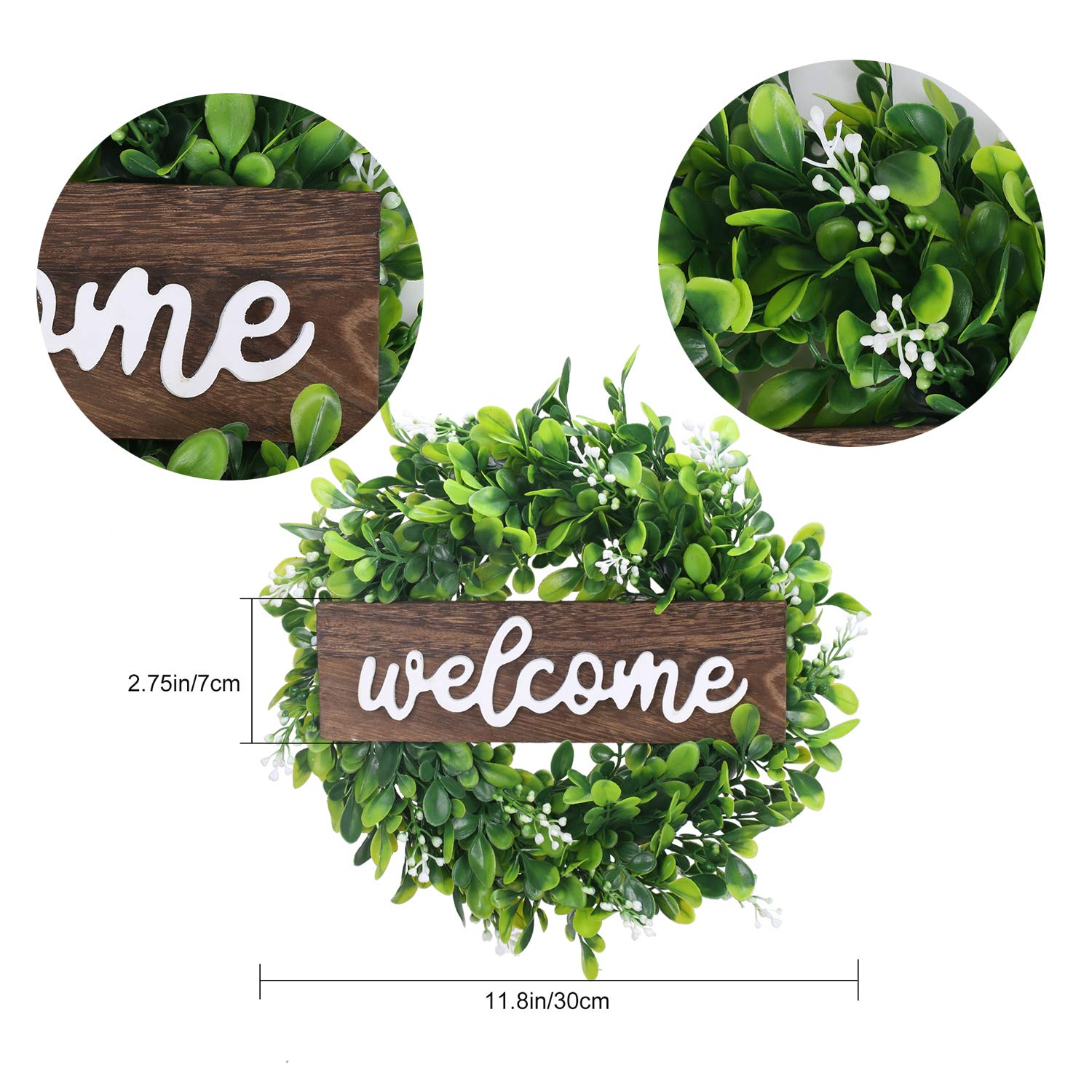 NAHUAA 12 Inch Boxwood Wreath for Front Door Artificial Green Leaves Spring Wreath with Welcome Sign for Farmhouse Wreath Wall Window Wedding Home Table Centerpiece